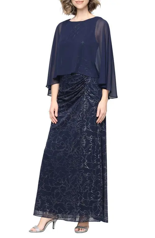 SL FASHIONS Cape Sleeve Floral Glitter Mesh Gown - Navy/silver