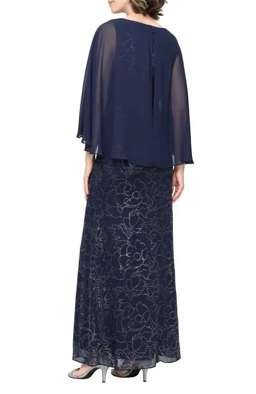 SL FASHIONS Cape Sleeve Floral Glitter Mesh Gown