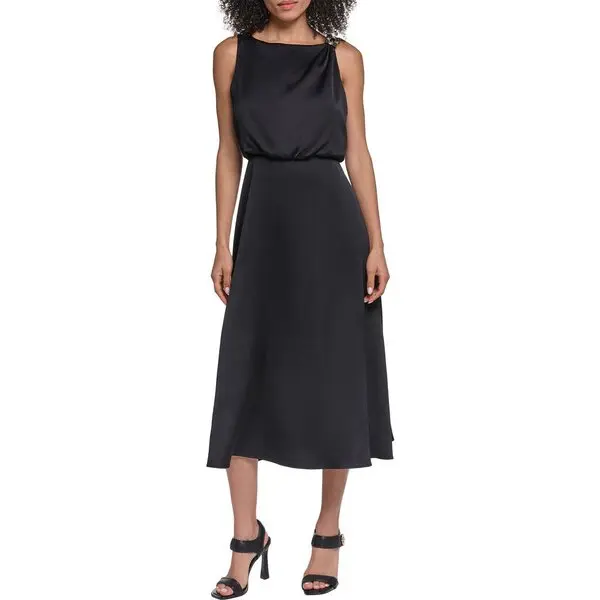 Karl Lagerfeld Paris Satin Face Crepe Midi Dress - Black