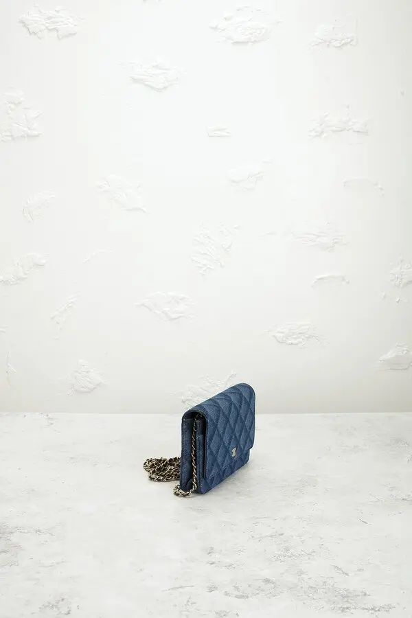 Chanel Denim Printed Wallet On Chain - Blue
