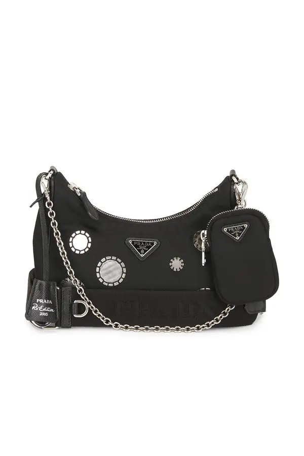 Prada Sequin Polka Dot Re-edition 2005 Re-nylon Shoulder Bag - Black