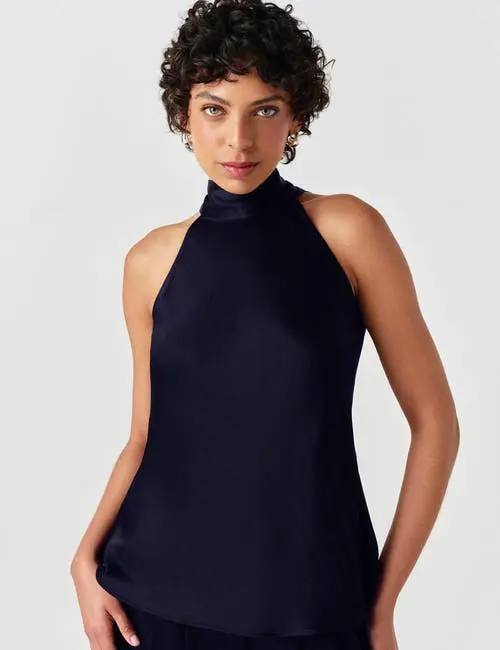 GHOST LONDON Reese High Neck Satin Top - Navy