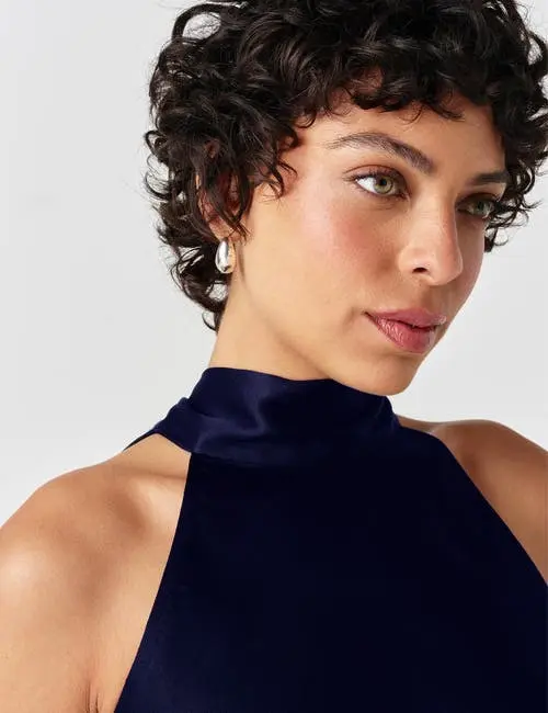 GHOST LONDON Reese High Neck Satin Top - Navy
