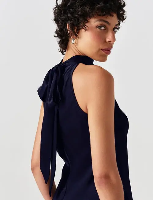GHOST LONDON Reese High Neck Satin Top - Navy