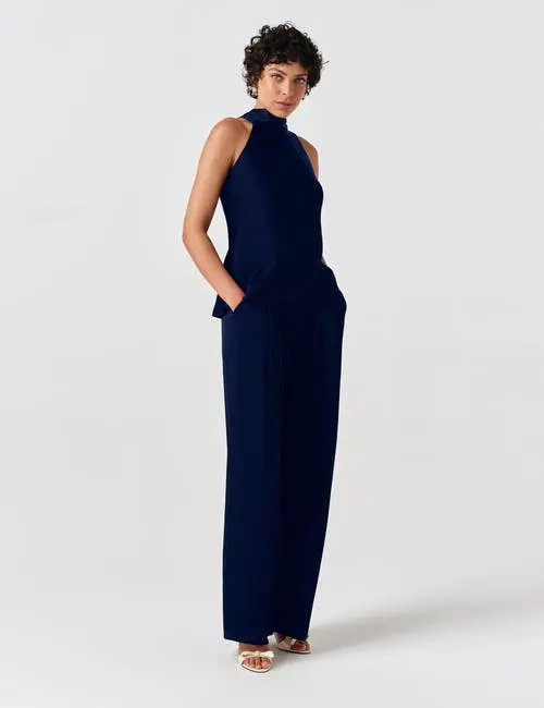 GHOST LONDON Reese High Neck Satin Top - Navy