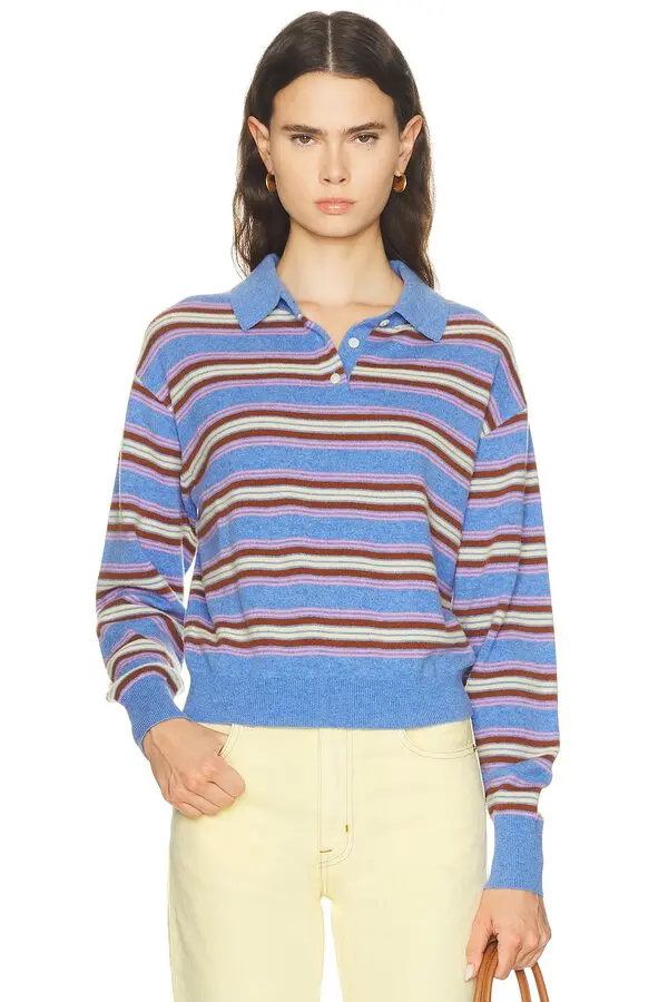 Guest In Residence Collegiate Stripe Polo Sweater - Delft Blue Combo