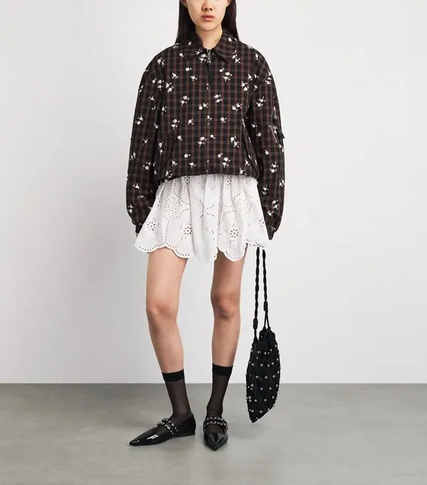 GANNI Checked Floral Embroidered Bomber Jacket - Brown