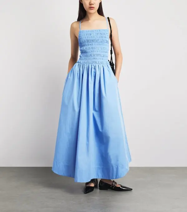 GANNI Organic Cotton Shirred Maxi Dress - Blue