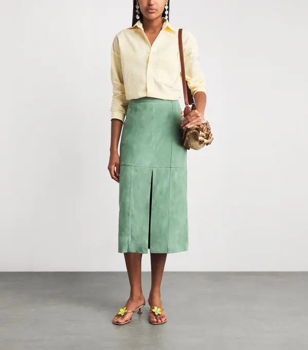 Ulla Johnson Suede Pencil Midi Skirt With Slit - Green