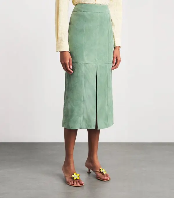 Ulla Johnson Suede Pencil Midi Skirt With Slit - Green