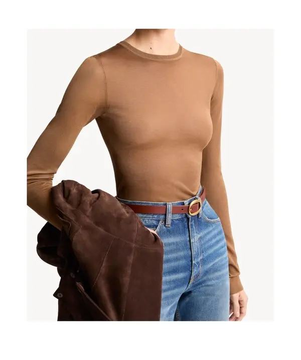 Saint Laurent Long-sleeved Sheer Top With Square Metal Accents - Hazelnut Color