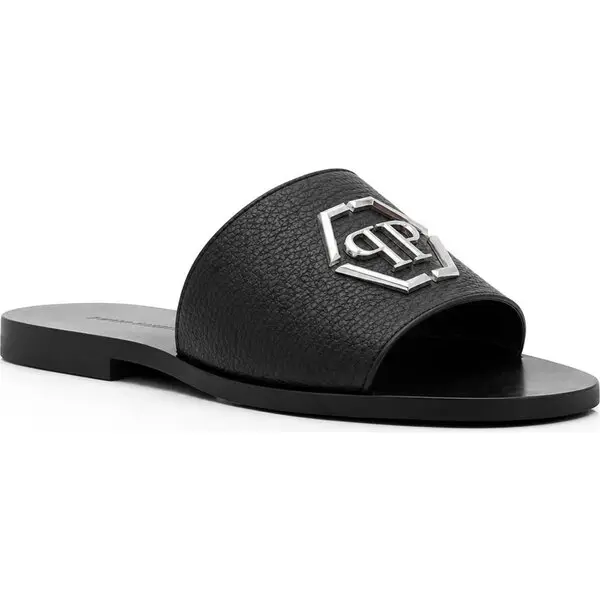 Philipp Plein Leather Slide Sandals With Metal Hexagon Logo - Black