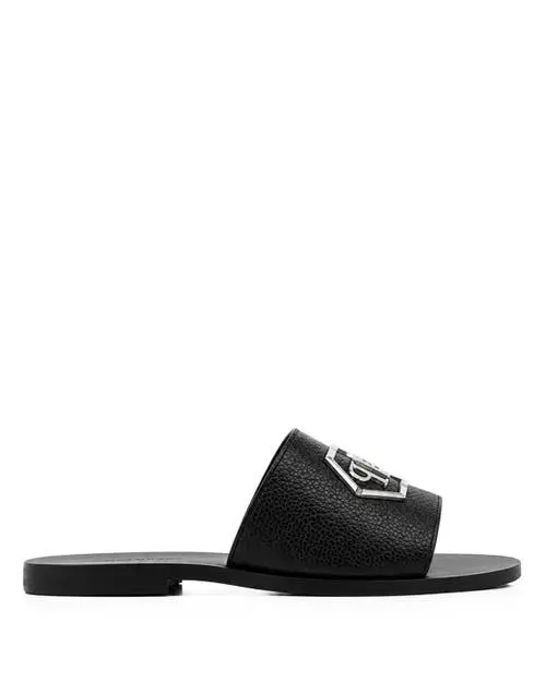 Philipp Plein Leather Slide Sandals With Metal Hexagon Logo