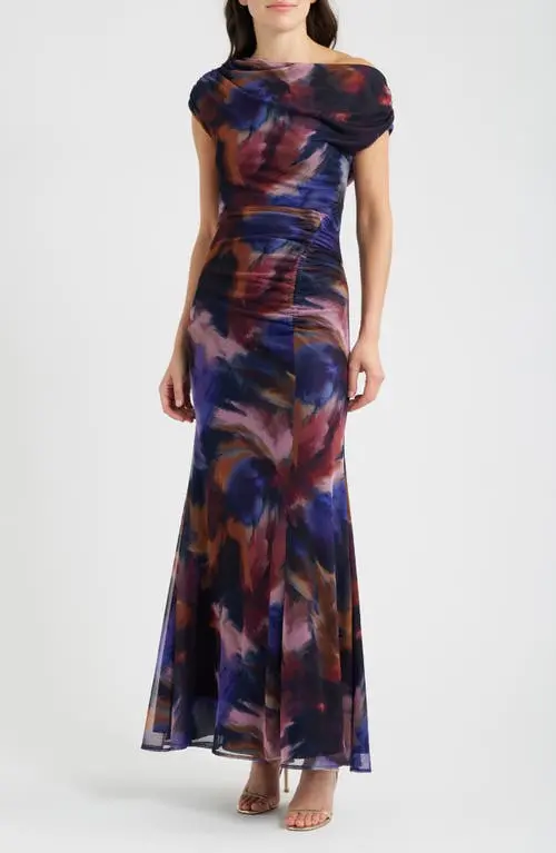 Vince Camuto Asymmetric Ruched Mesh Gown