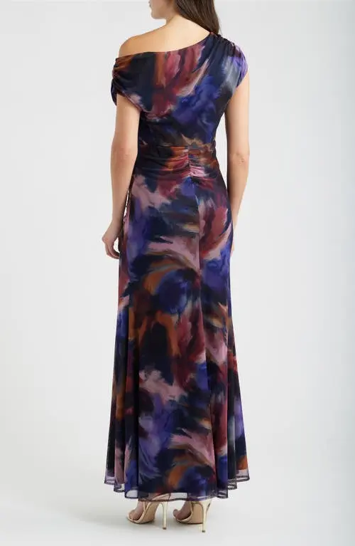 Vince Camuto Asymmetric Ruched Mesh Gown