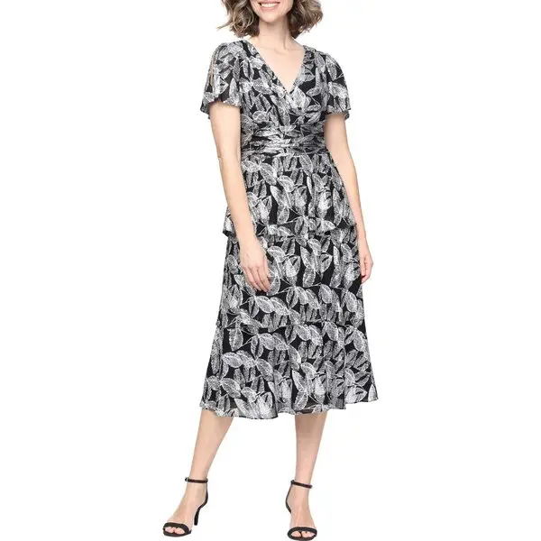 SL FASHIONS Tiered Tea Length Dress With Botanical Print - Blk Sil