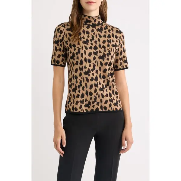 Anne Klein Animal Jacquard Short Sleeve Mock Neck Sweater - Vicuna Multi