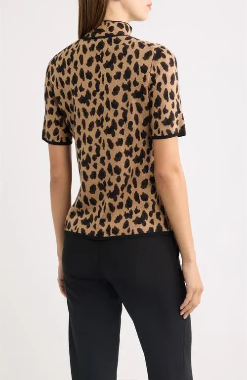 Anne Klein Animal Jacquard Short Sleeve Mock Neck Sweater - Vicuna Multi