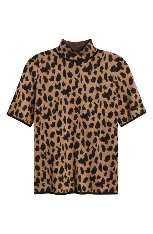 Anne Klein Animal Jacquard Short Sleeve Mock Neck Sweater - Vicuna Multi
