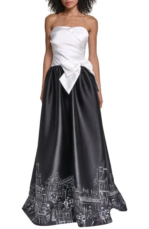 Karl Lagerfeld Paris Strapless Satin Gown With Paris Graphic Hem