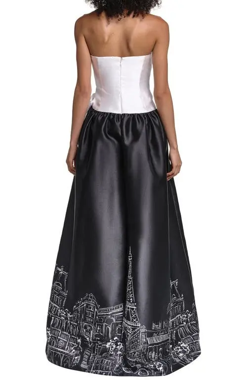 Karl Lagerfeld Paris Strapless Satin Gown With Paris Graphic Hem
