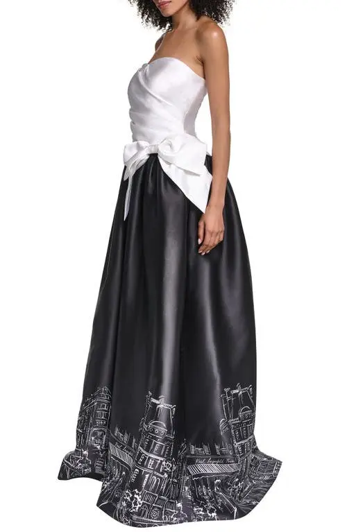 Karl Lagerfeld Paris Strapless Satin Gown With Paris Graphic Hem