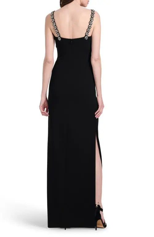 EMILY SHALANT Crystal Flower Strap Stretch Crepe Gown
