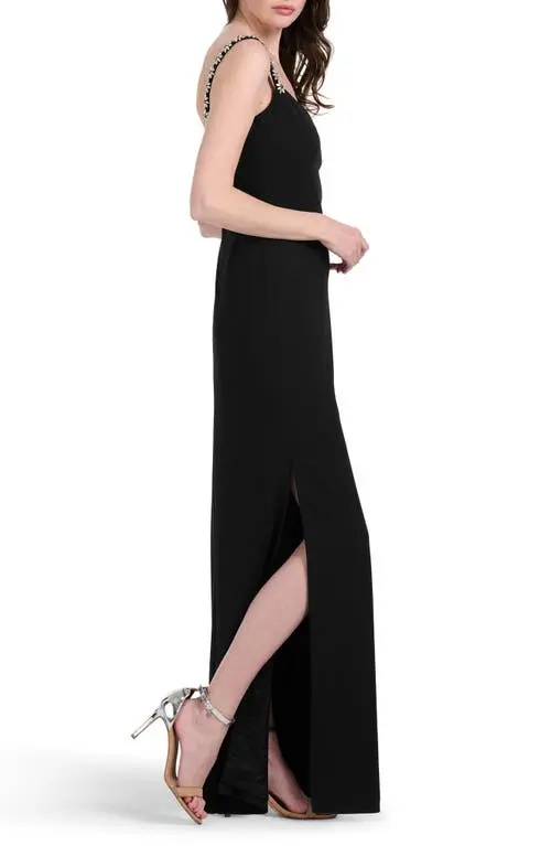 EMILY SHALANT Crystal Flower Strap Stretch Crepe Gown