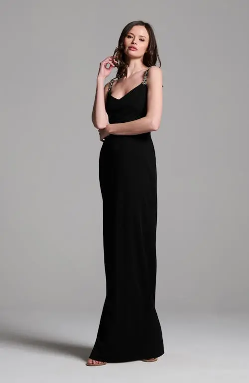 EMILY SHALANT Crystal Flower Strap Stretch Crepe Gown