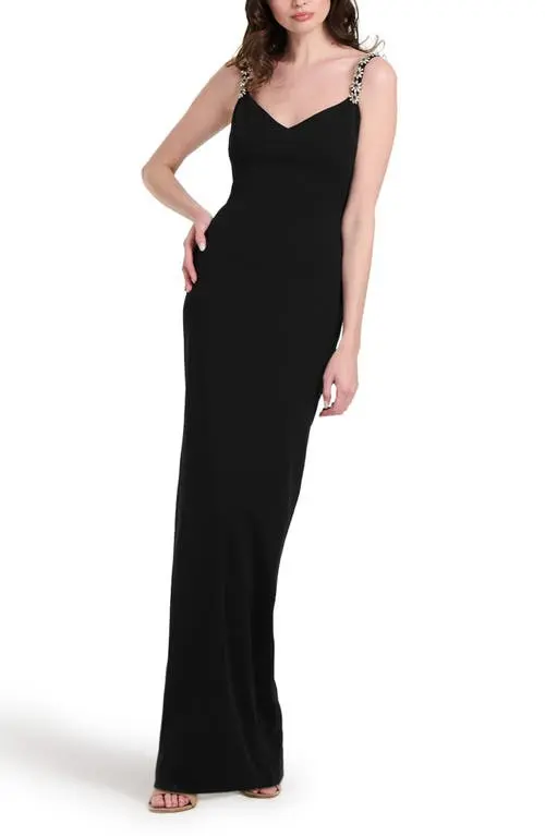 EMILY SHALANT Crystal Flower Strap Stretch Crepe Gown