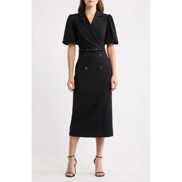 Eliza J Belted Puff Sleeve Midi Dress
