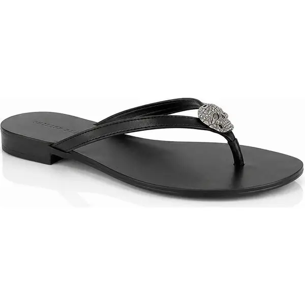 Philipp Plein Nappa Leather Crystal Skull Flip Flop Sandals