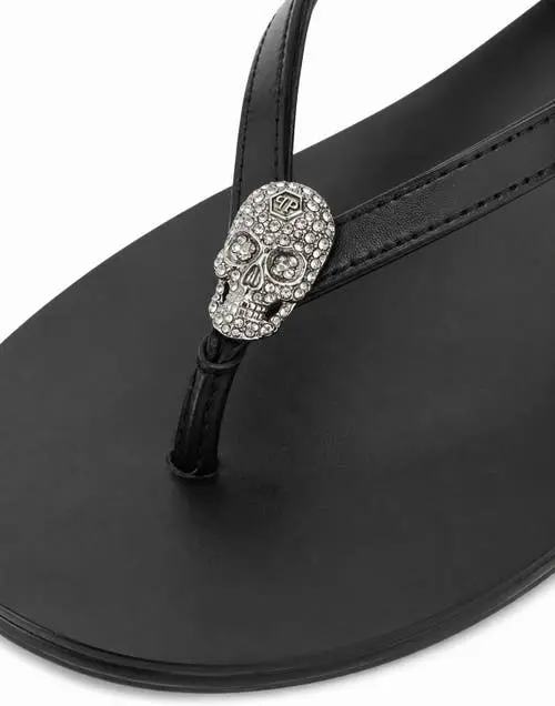 Philipp Plein Nappa Leather Crystal Skull Flip Flop Sandals