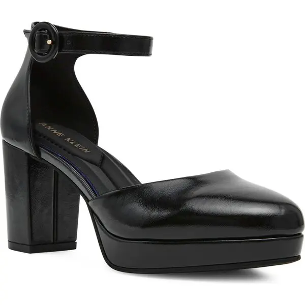Anne Klein Faith Platform Ankle Strap Pump - Black Crinkle