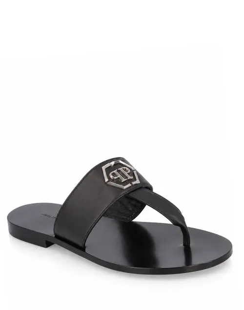 Philipp Plein Leather Flat Sandals Hexagon