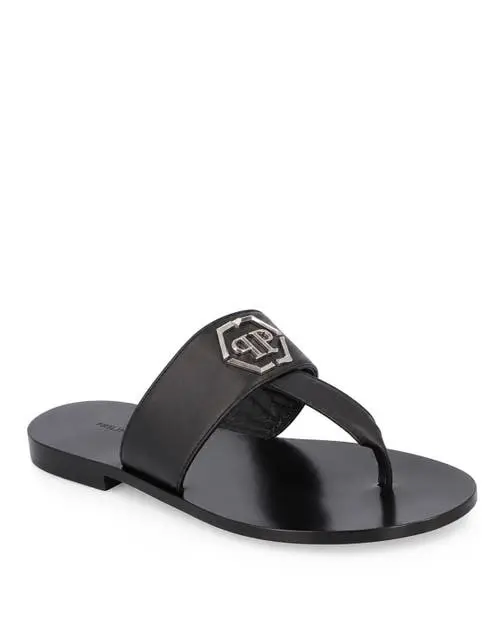 Philipp Plein Leather Flat Sandals With Hexagon Emblem - Black