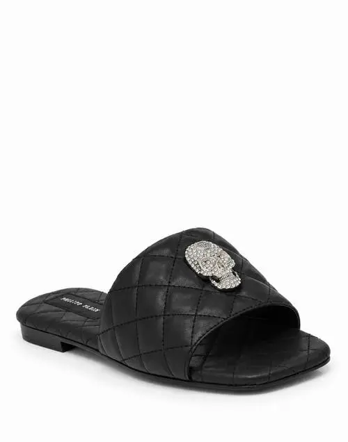 Philipp Plein Nappa Flat Matelasse Sandals Crystal Skull