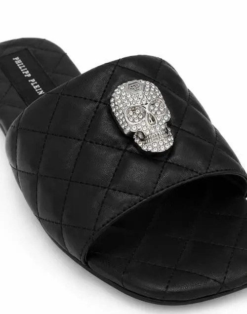 Philipp Plein Nappa Flat Matelasse Sandals Crystal Skull