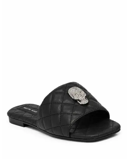 Philipp Plein Nappa Flat Matelasse Sandals With Crystal Skull Embellishment - Black