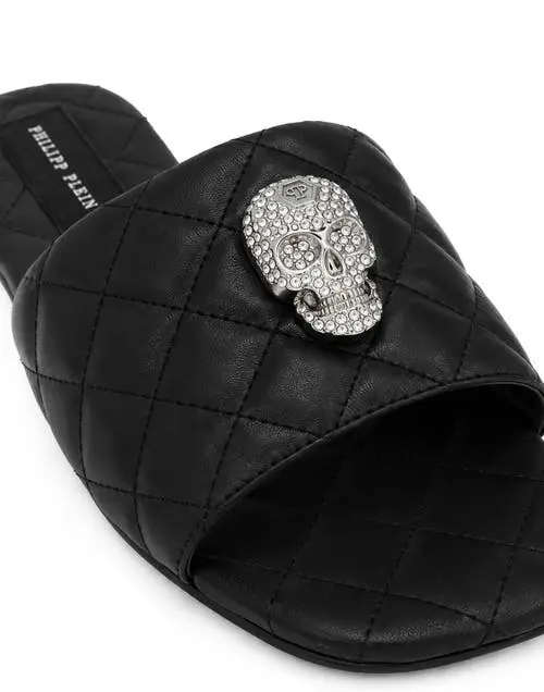 Philipp Plein Nappa Flat Matelasse Sandals With Crystal Skull Embellishment