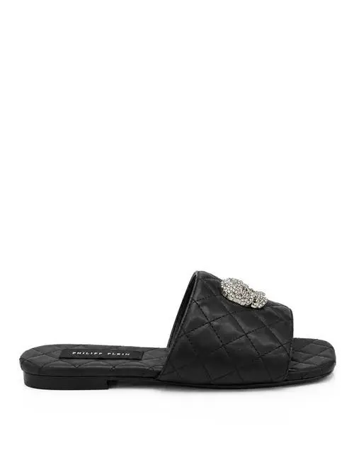 Philipp Plein Nappa Flat Matelasse Sandals With Crystal Skull Embellishment