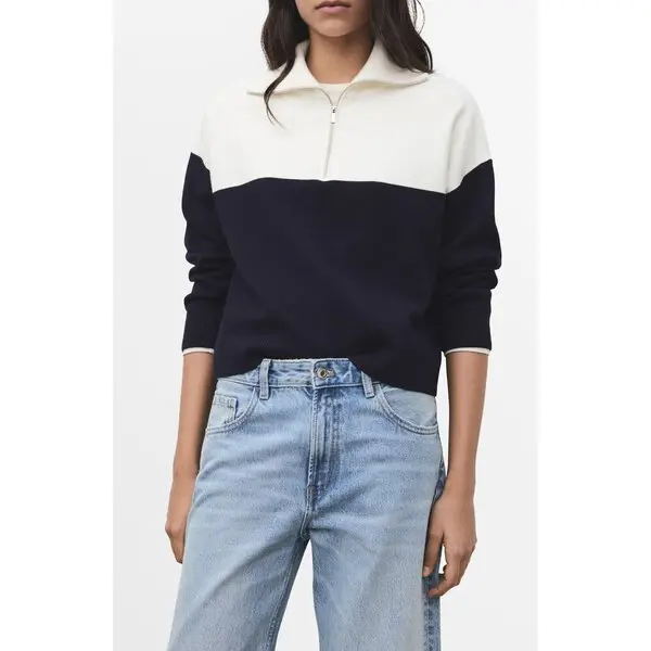 Mango Bicolour High Collar Sweater - Navy