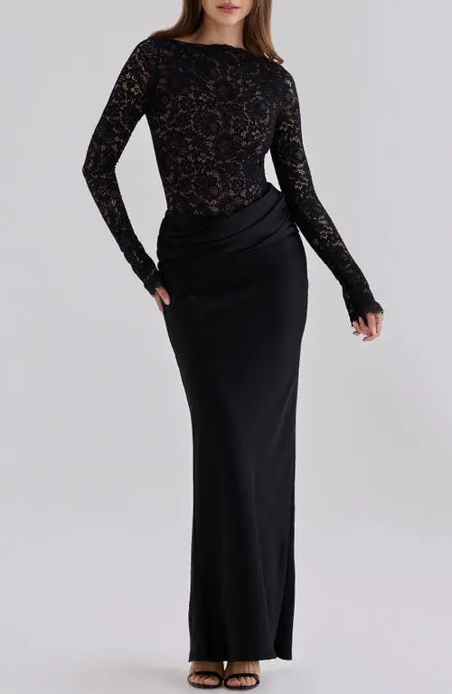 House Of Cb Yasmeen Long Sleeve Lace Bodysuit And Satin Skirt Set - Black