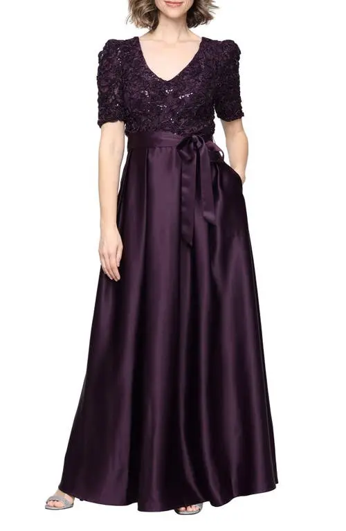 Alex Evenings Sequin Soutache Bodice Empire Waist A-line Gown
