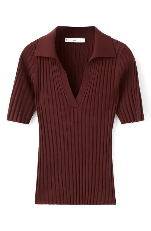Mango Ribbed Spread Collar V-neck Short Sleeve Sweater