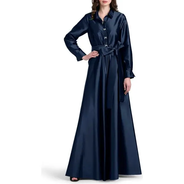 EMILY SHALANT Crystal Bow Button Long Sleeve Taffeta A-line Gown - Navy