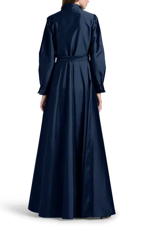 EMILY SHALANT Crystal Bow Button Long Sleeve Taffeta A-line Gown - Navy