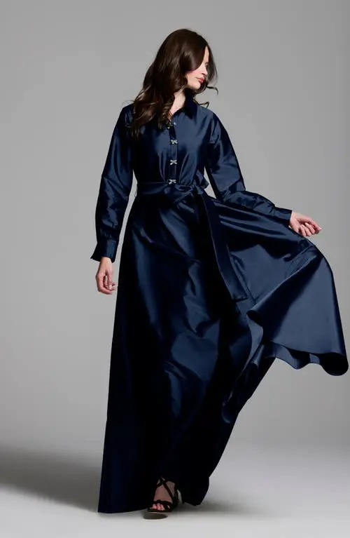 EMILY SHALANT Crystal Bow Button Long Sleeve Taffeta A-line Gown - Navy