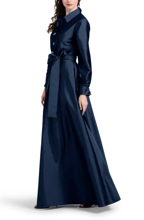EMILY SHALANT Crystal Bow Button Long Sleeve Taffeta A-line Gown - Navy
