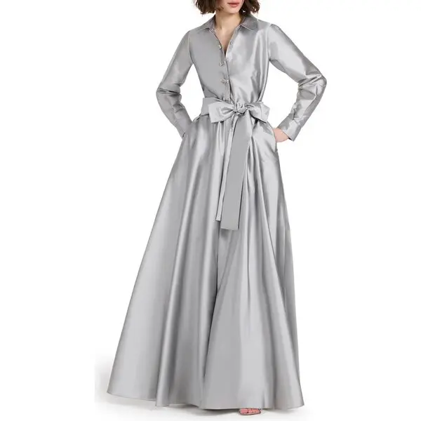 EMILY SHALANT Crystal Bow Button Long Sleeve Taffeta A-line Gown